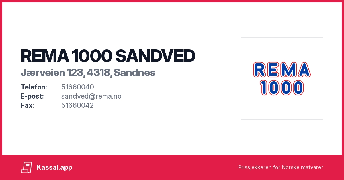 REMA 1000 SANDVED i Jærveien 123, 4318, Sandnes - Kassalapp®