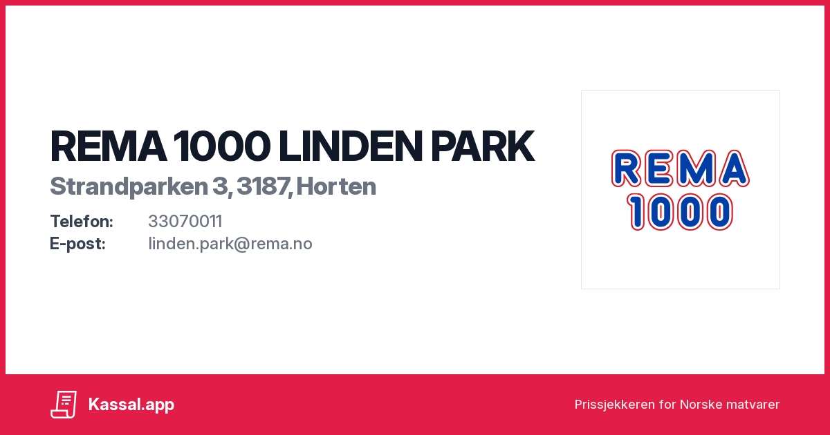 REMA 1000 LINDEN PARK i Strandparken 3, 3187, Horten - Kassalapp®