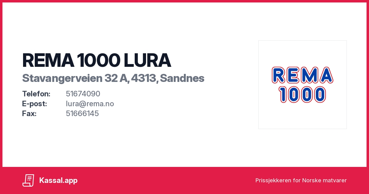 REMA 1000 LURA i Stavangerveien 32 A, 4313, Sandnes - Kassalapp®