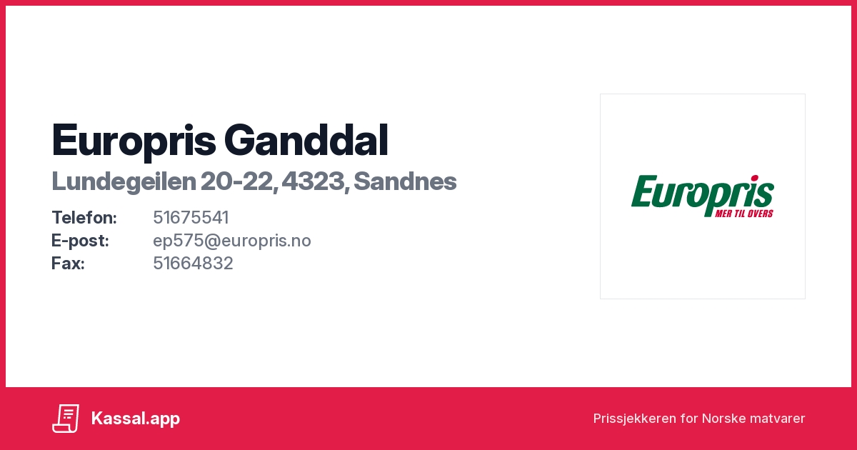 Europris Ganddal i Lundegeilen 20-22, 4323, Sandnes - Kassalapp®