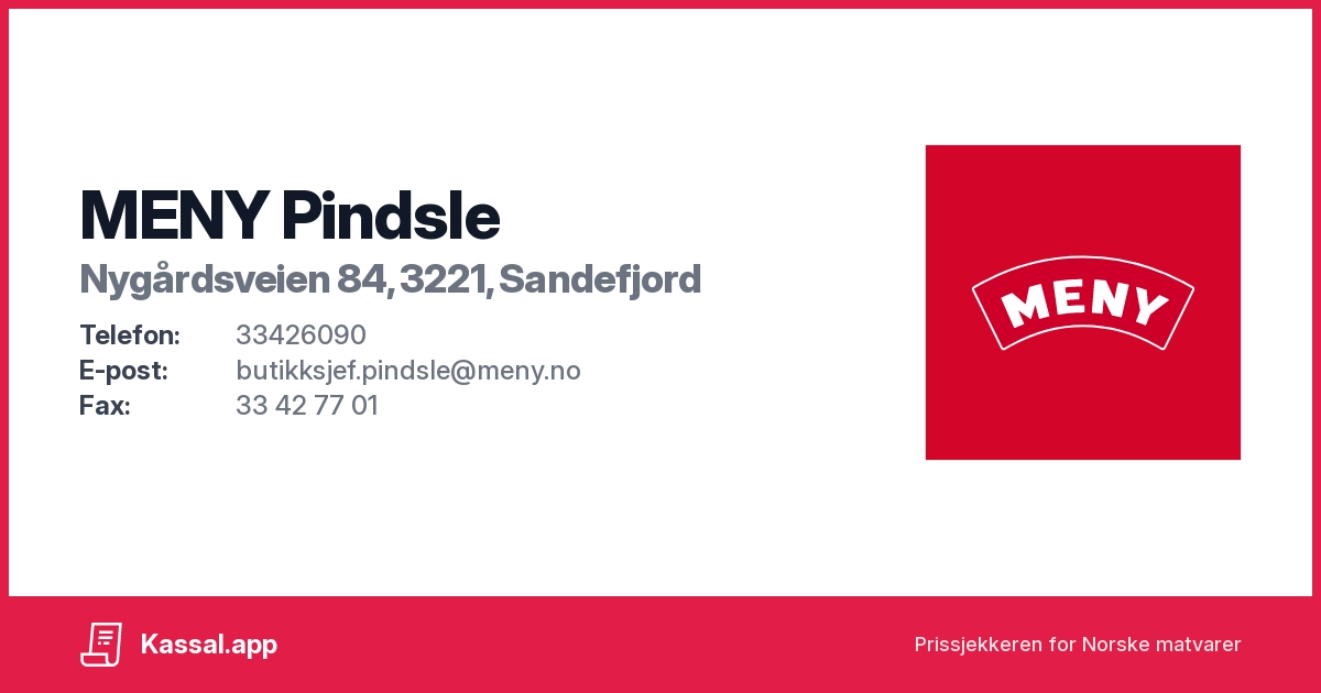 MENY Pindsle i Nygårdsveien 84, 3221, Sandefjord - Kassalapp®
