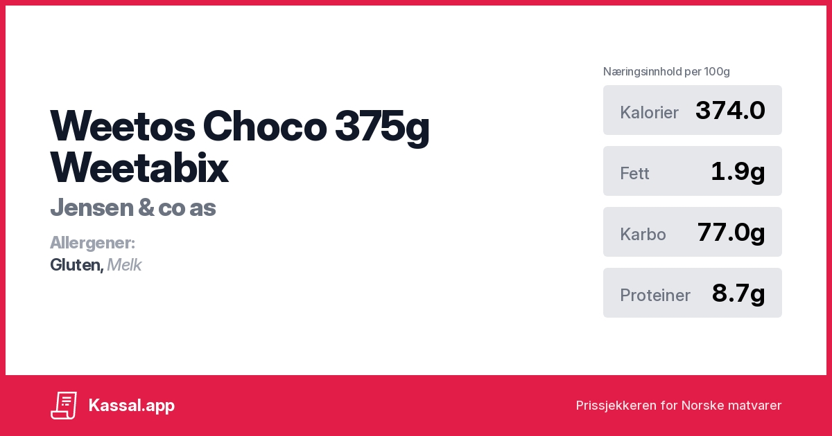 Weetos Choco 375g Weetabix - Kassalapp®