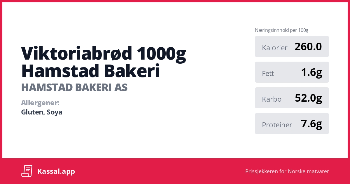 Viktoriabrød 1000g Hamstad Bakeri - Kassalapp®