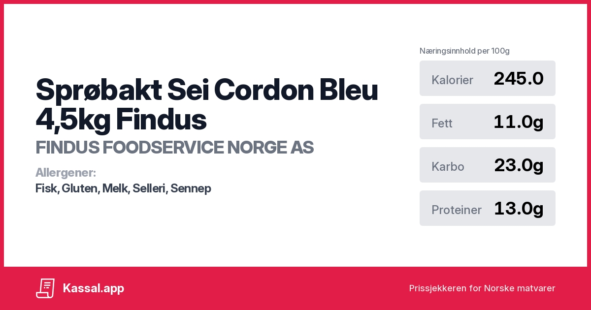 Sprøbakt Sei Cordon Bleu 4,5kg Findus - Kassalapp®