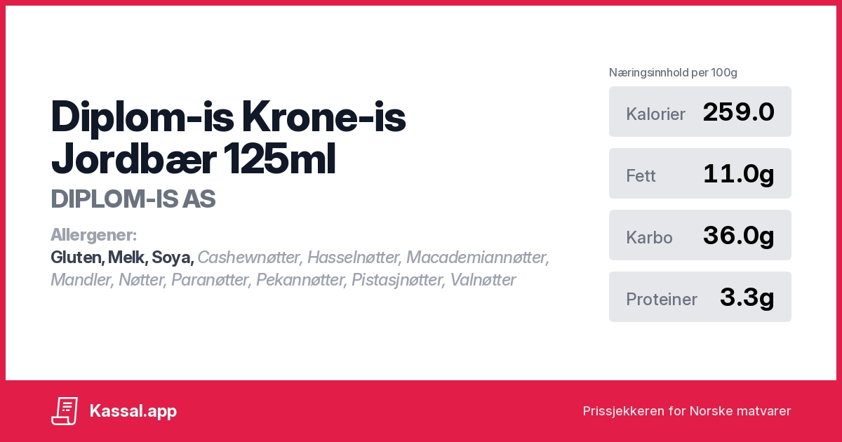 Diplom-is Krone-is Jordbær 125ml - Kassalapp®