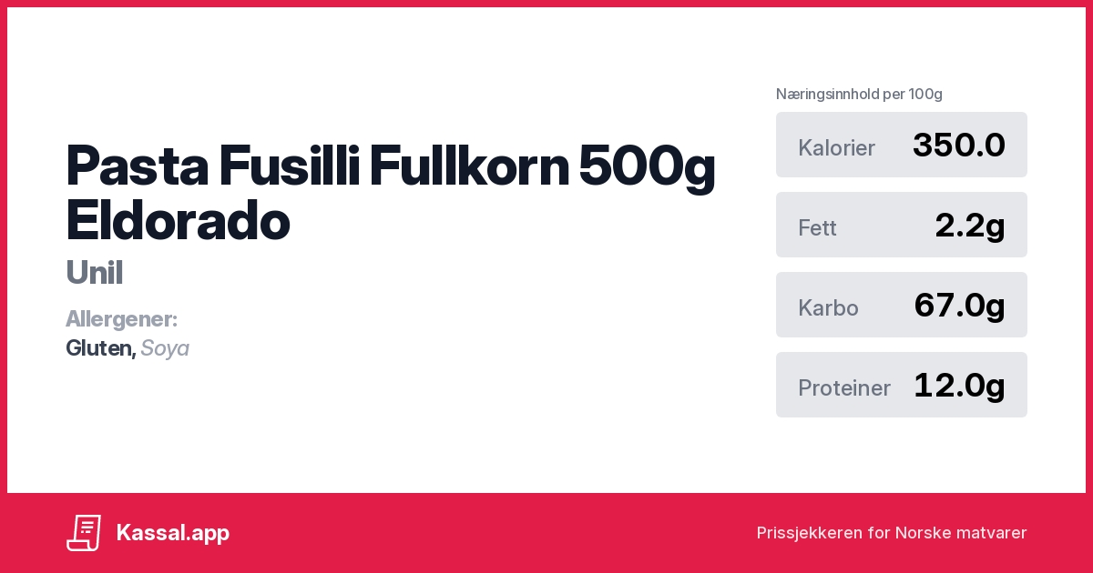 Pasta Fusilli Fullkorn 500g Eldorado - Kassalapp®
