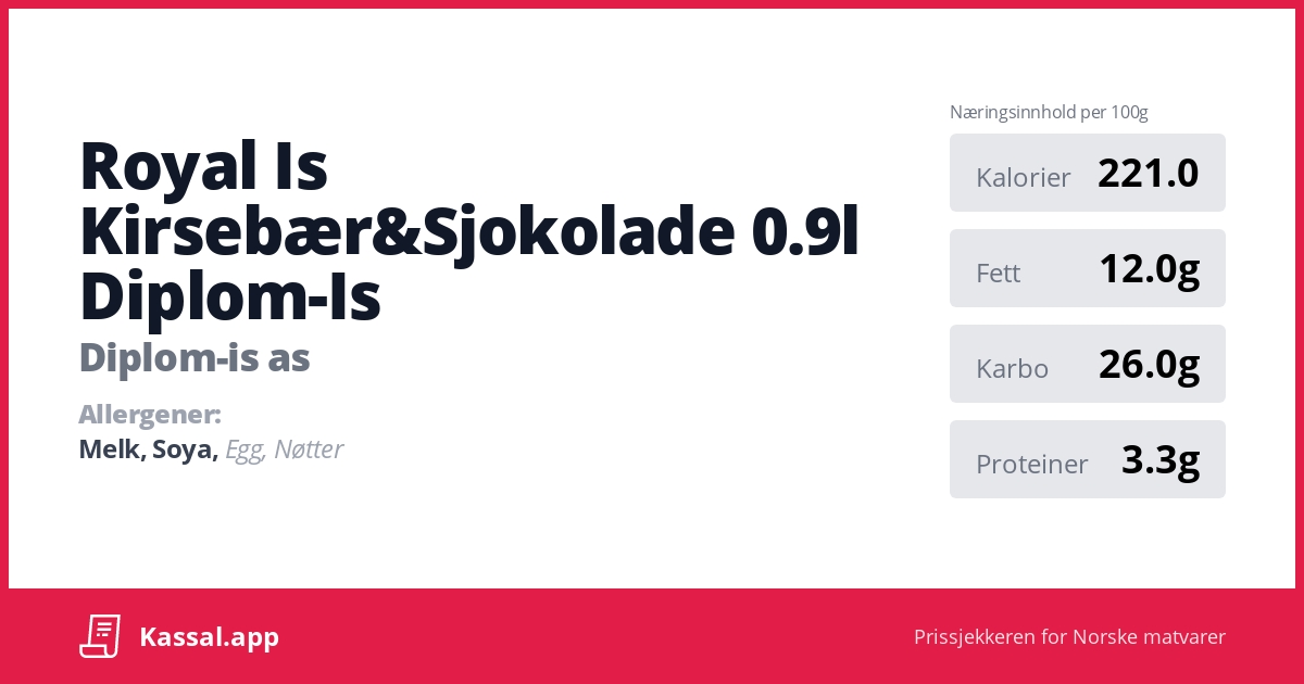 Royal Is Kirsebær&Sjokolade 0.9l Diplom-Is - Kassalapp®