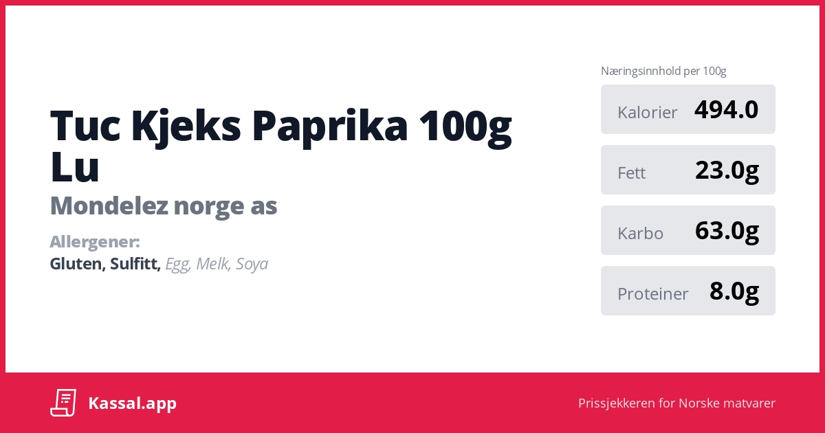 Tuc Kjeks Paprika 100g Lu - Kassalapp®