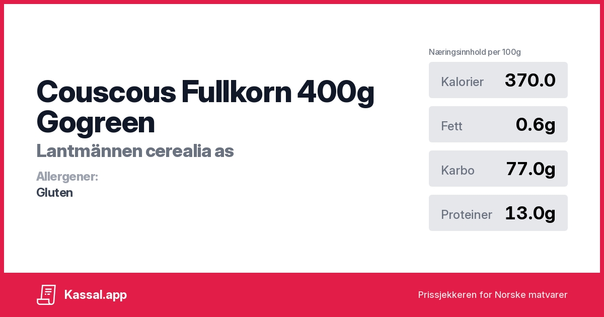 Couscous Fullkorn 400g Gogreen - Kassalapp®