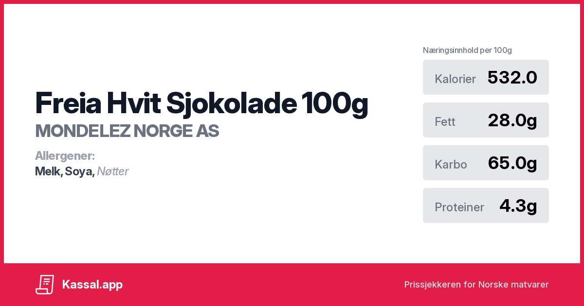 Freia Hvit Sjokolade 100g - Kassalapp®
