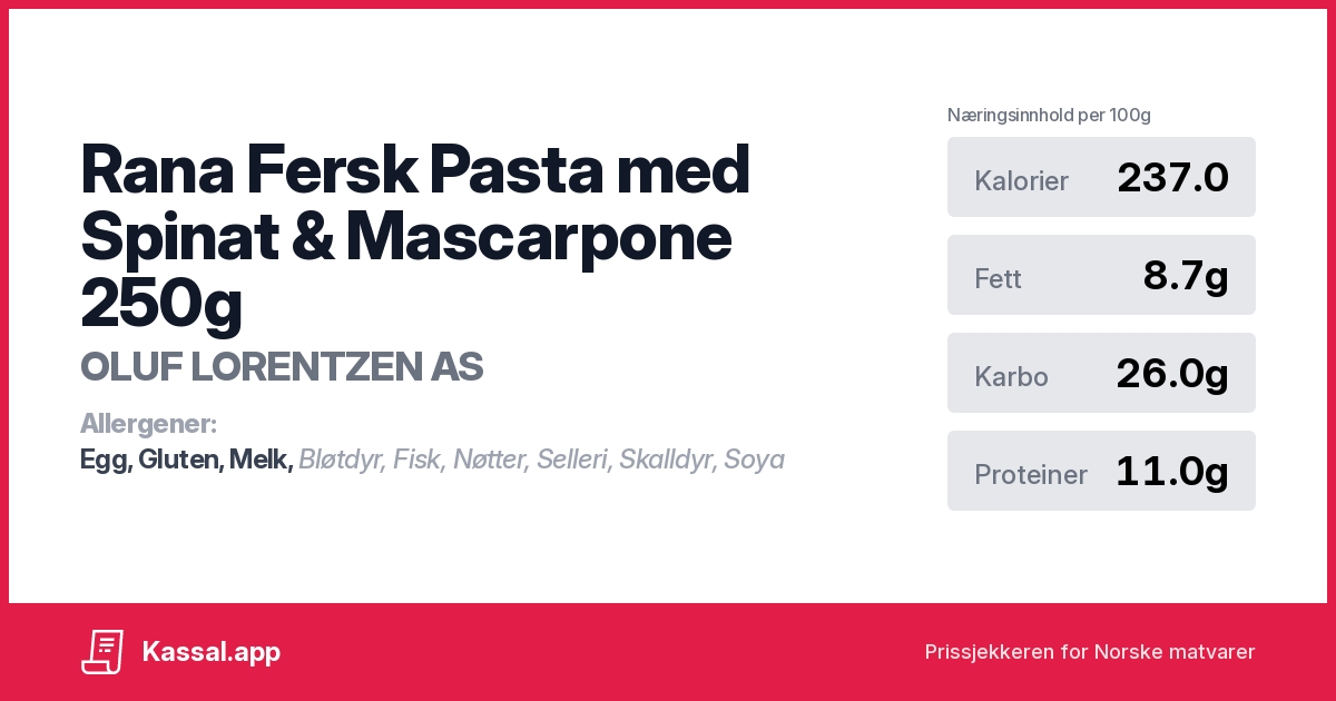 Rana Fersk Pasta med Spinat & Mascarpone 250g - Kassalapp®
