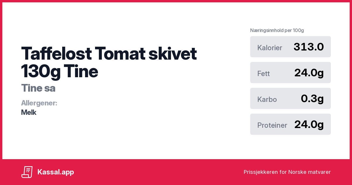 Taffelost Tomat skivet 130g Tine - Kassalapp®