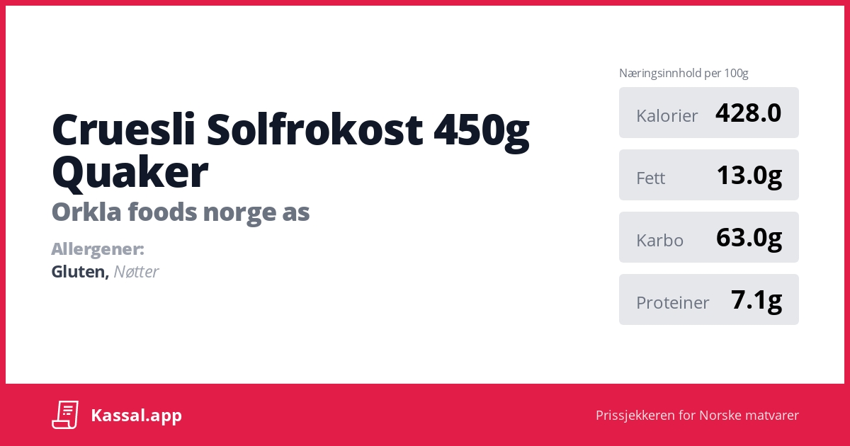 Cruesli Solfrokost 450g Quaker - Kassalapp®