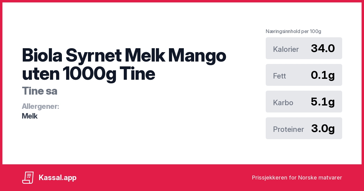 Biola Syrnet Melk Mango uten 1000g Tine - Kassalapp®