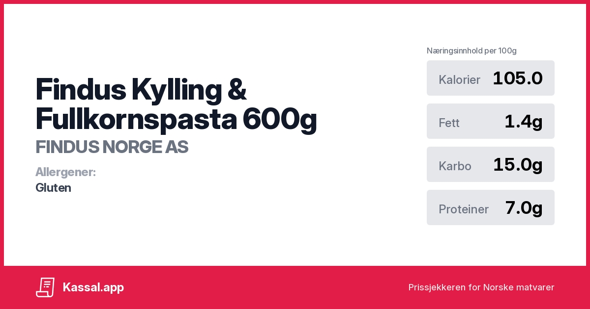 Findus Kylling & Fullkornspasta 600g - Kassalapp®