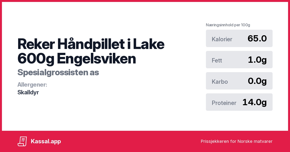 Reker Håndpillet i Lake 600g Engelsviken - Kassalapp®