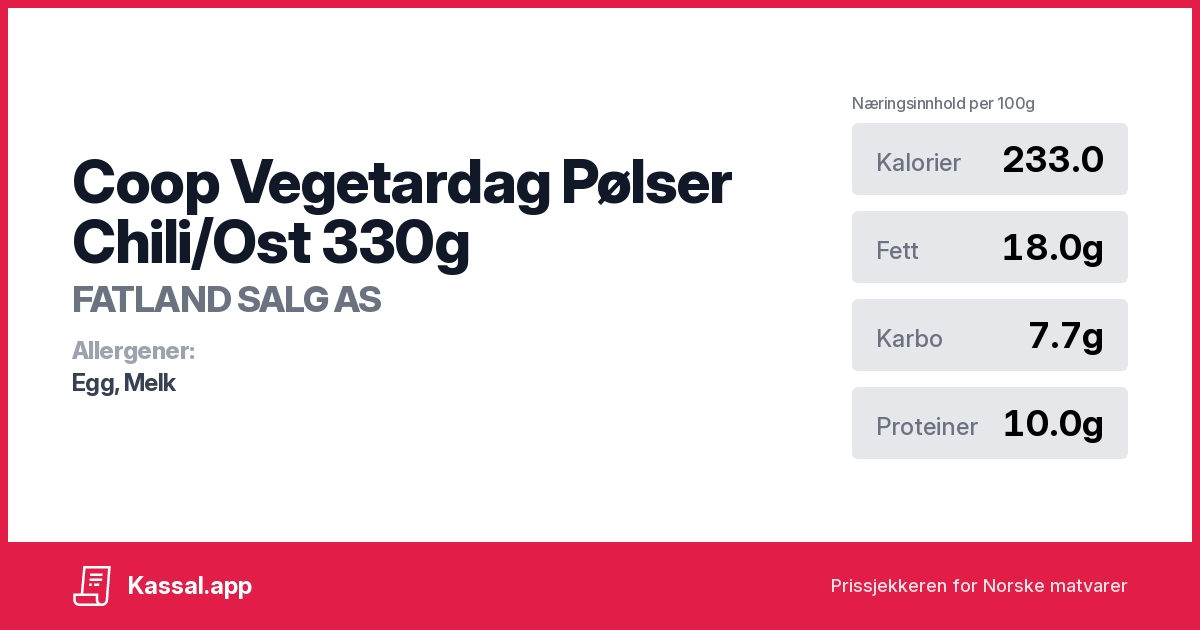 Coop Vegetardag Pølser Chili/Ost 330g - Kassalapp®