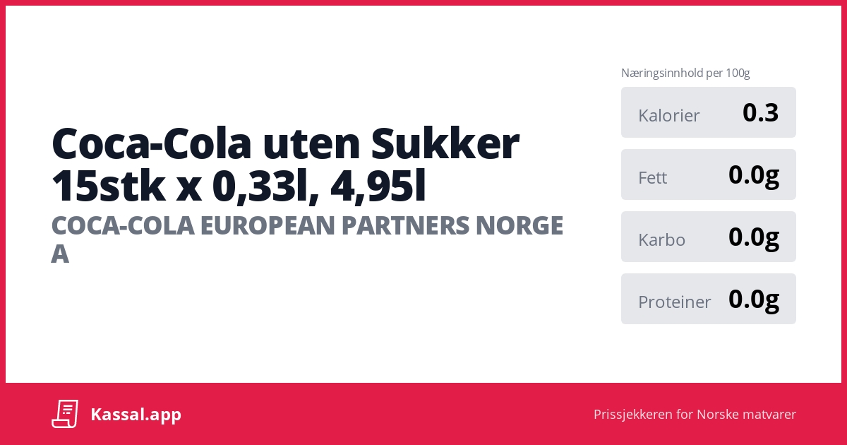 Coca-Cola uten Sukker 15stk x 0,33l, 4,95l - Kassalapp®