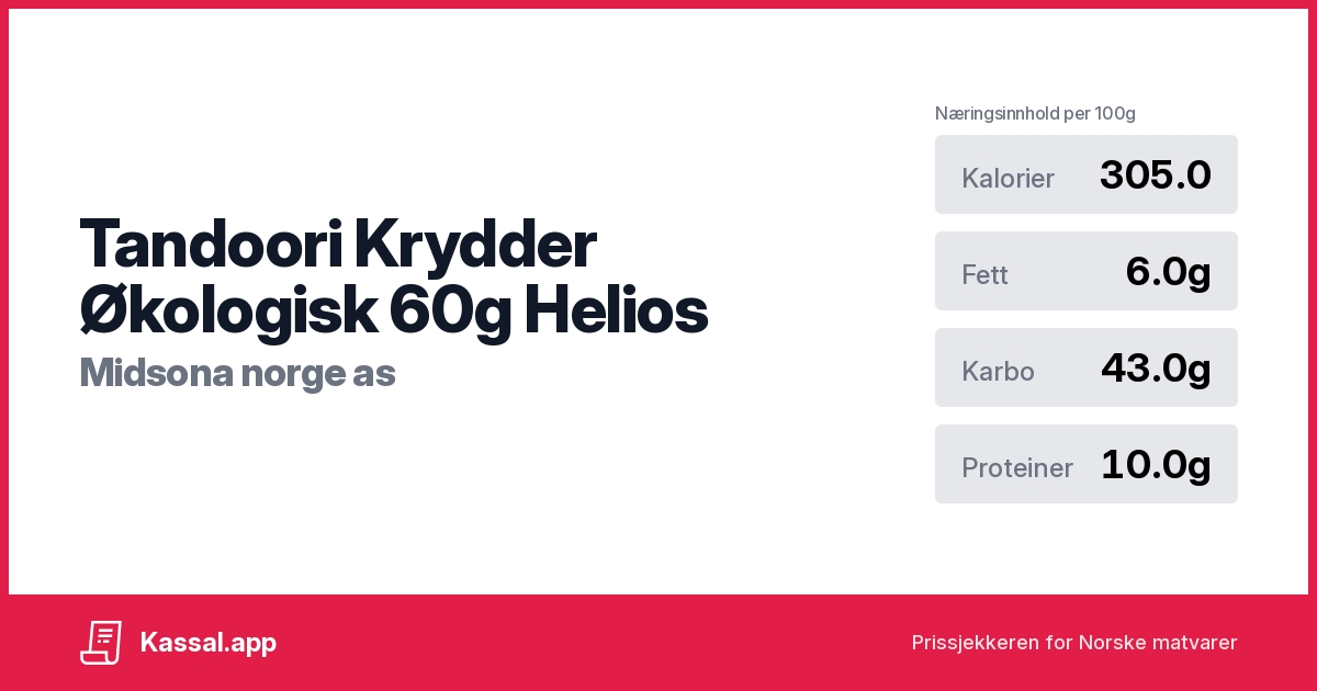 Tandoori Krydder Økologisk 60g Helios - Kassalapp®