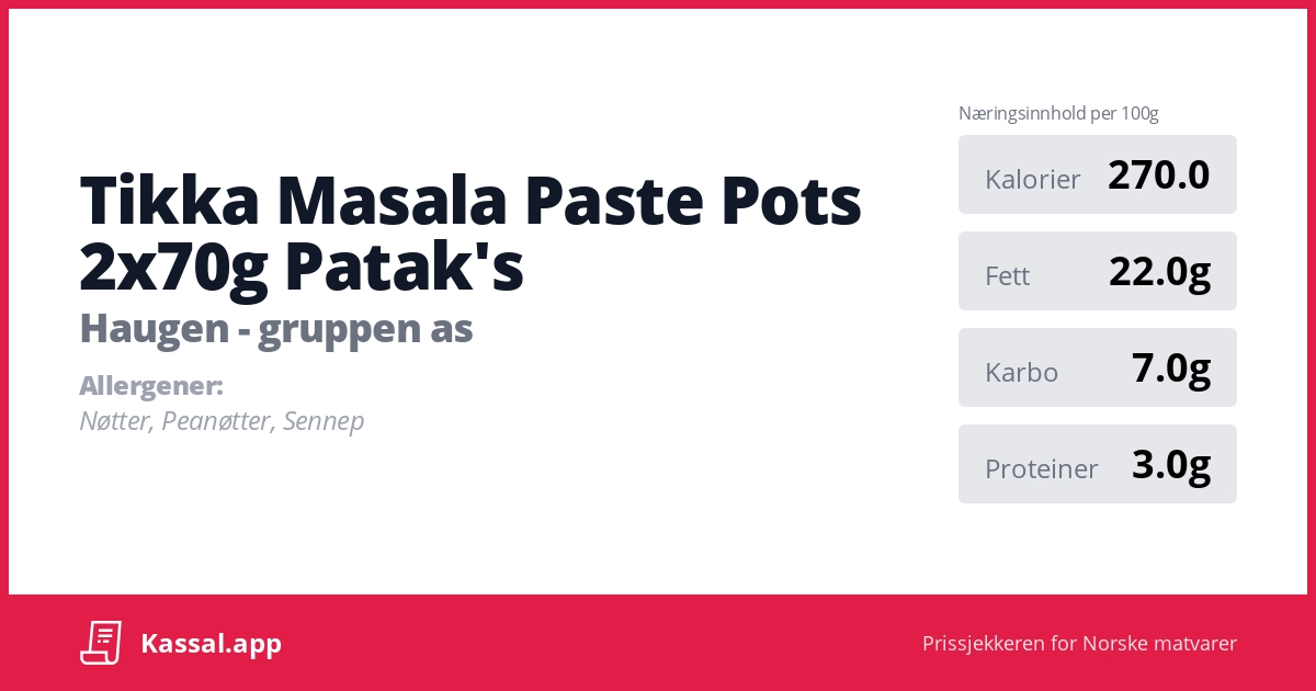 Tikka Masala Paste Pots 2x70g Patak's - Kassalapp®