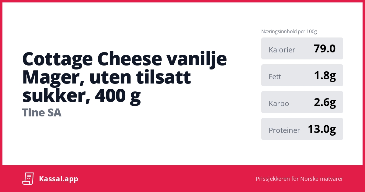 Cottage Cheese vanilje Mager, uten tilsatt sukker, 400 g - Kassalapp®