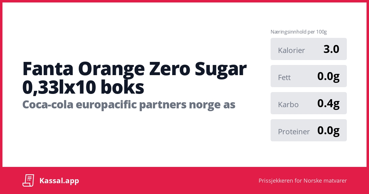 Fanta Orange Zero Sugar 0,33lx10 boks - Kassalapp®