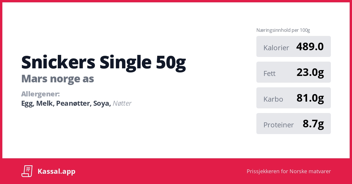 Snickers Single 50g - Kassalapp®