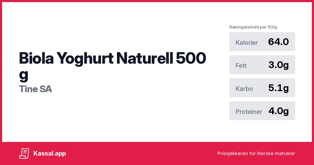 Biola yoghurt Naturell, 500 g - Kassalapp®