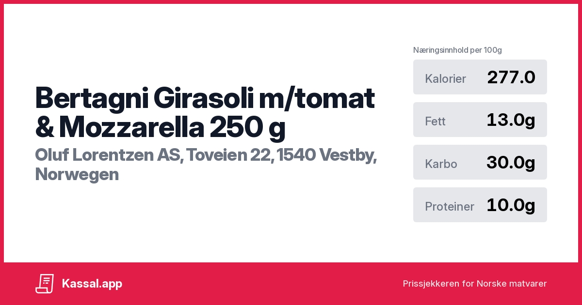 Bertagni Girasoli Med tomat og mozzarella, 250 g - Kassalapp®