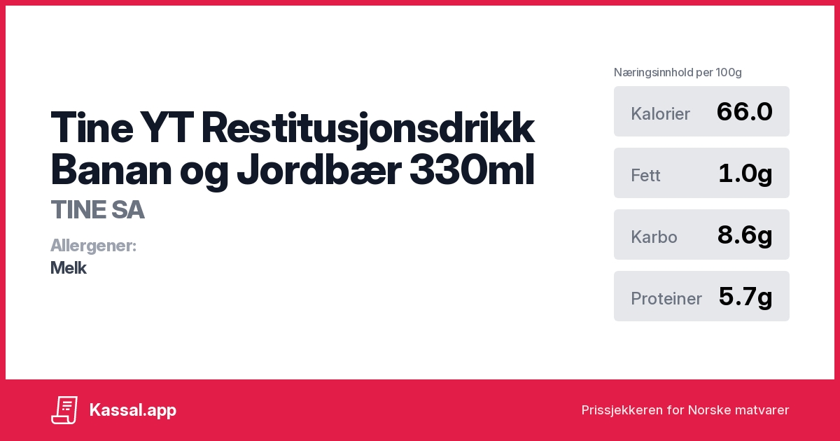 Tine YT Restitusjonsdrikk Banan og Jordbær 330ml - Kassalapp®