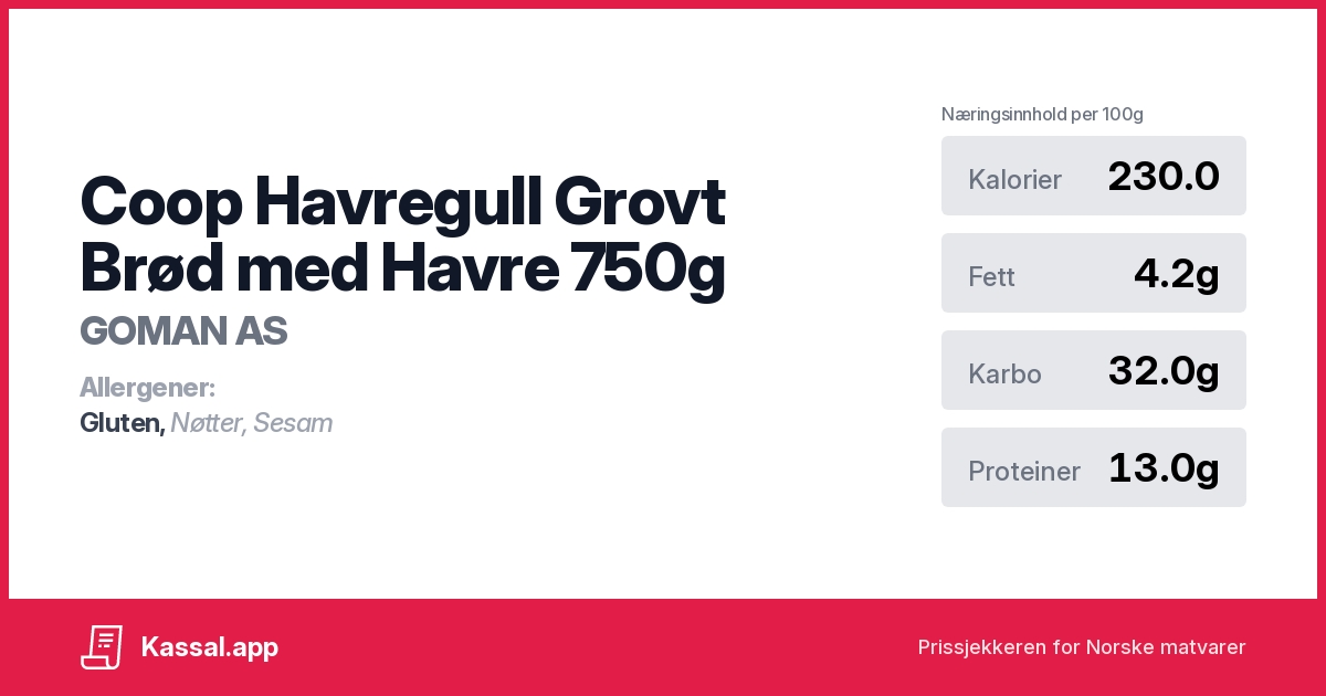Coop Havregull Grovt Brød med Havre 750g - Kassalapp®