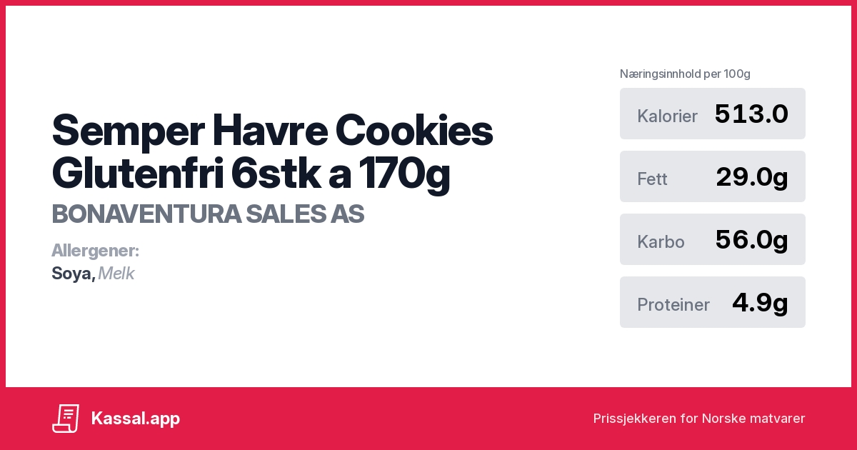 Semper Havre Cookies Glutenfri 6stk a 170g - Kassalapp®