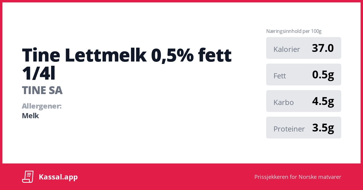 Tine Lettmelk 0,5% fett 1/4l - Kassalapp®