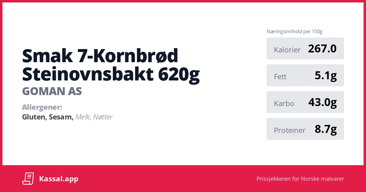 Smak 7-Kornbrød Steinovnsbakt 620g - Kassalapp®