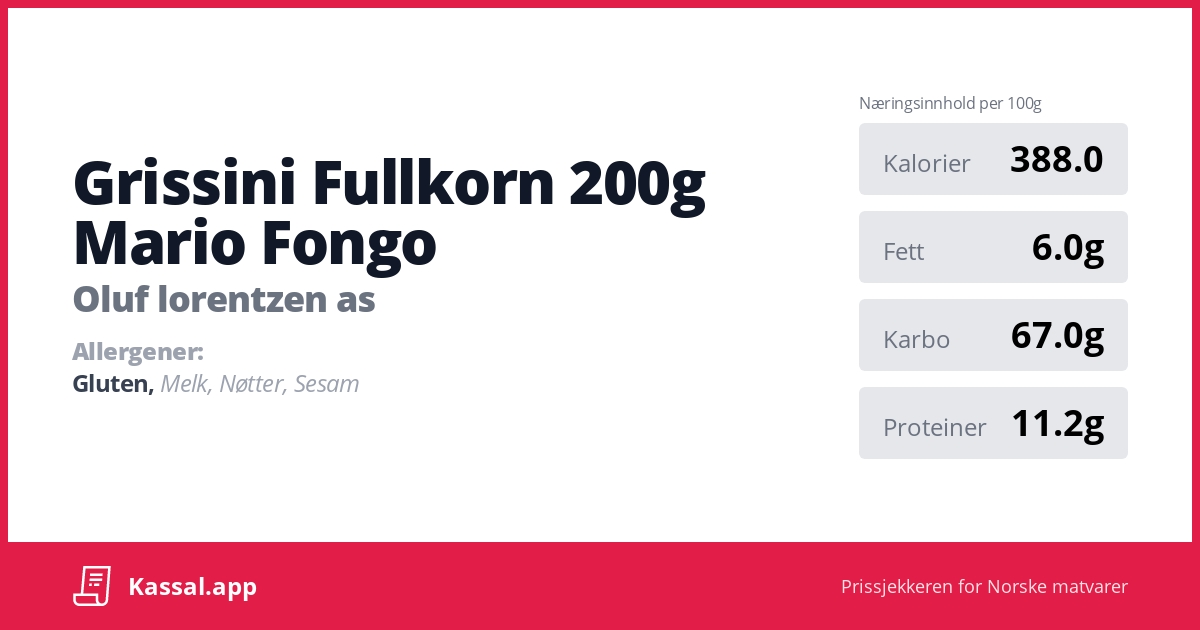 Grissini Fullkorn 200g Mario Fongo - Kassalapp®