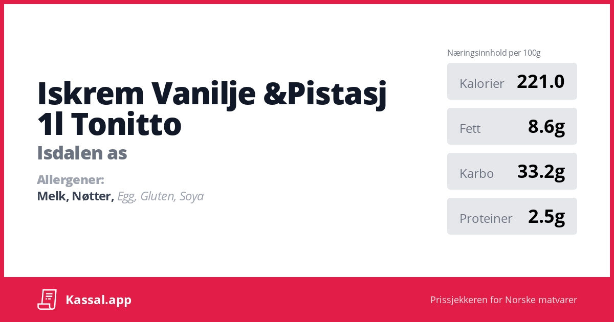 Iskrem Vanilje &Pistasj 1l Tonitto - Kassalapp®