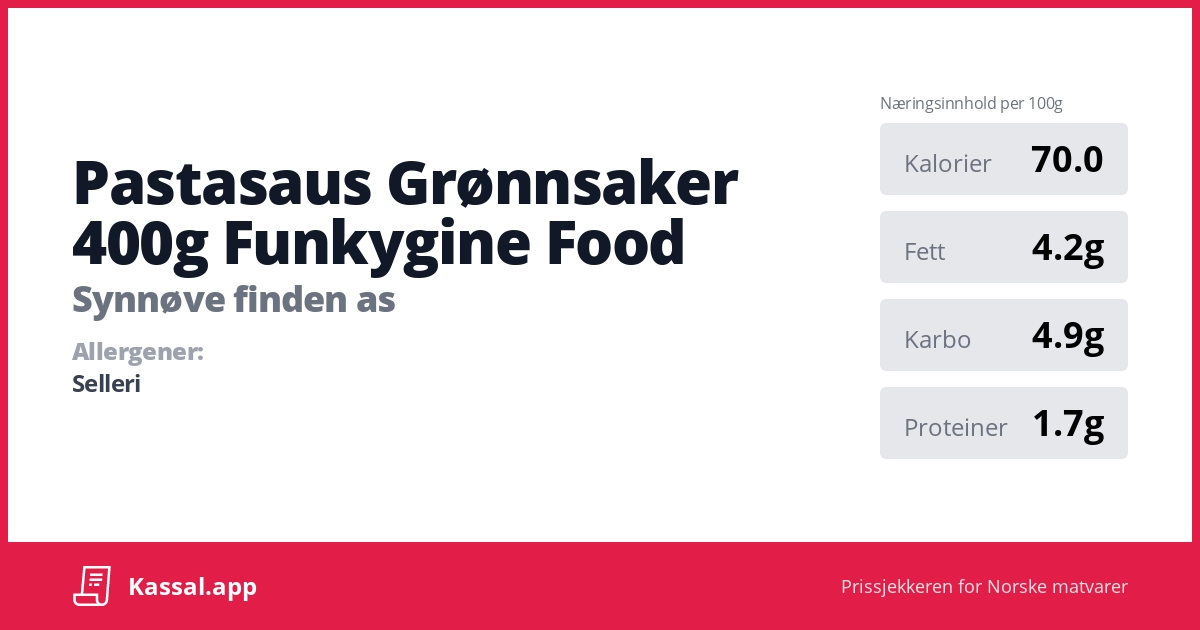 Pastasaus Grønnsaker 400g Funkygine Food - Kassalapp®