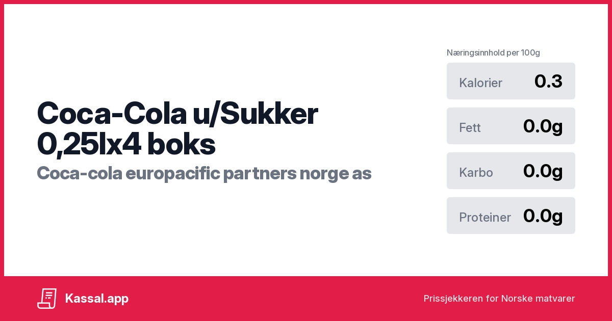 Coca-Cola u/Sukker 0,25lx4 boks - Kassalapp®
