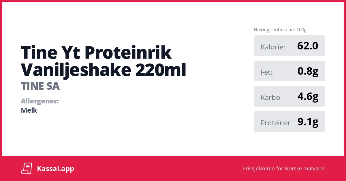 Tine Yt Proteinrik Vaniljeshake 220ml - Kassalapp®
