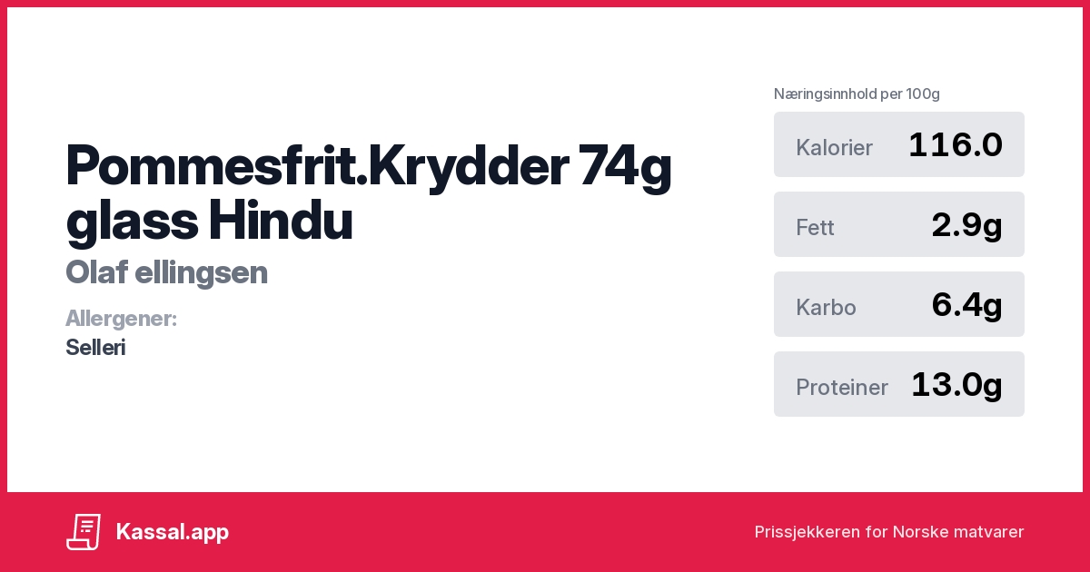 Pommesfrit.Krydder 74g glass Hindu - Kassalapp®