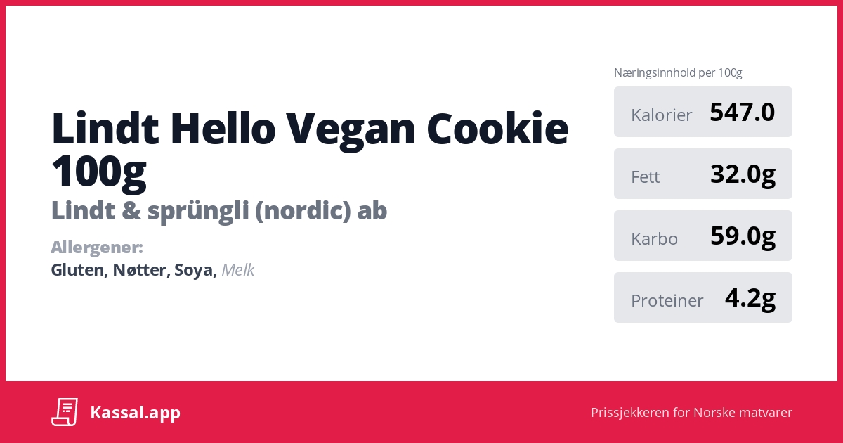 Lindt Hello Vegan Cookie 100g - Kassalapp®