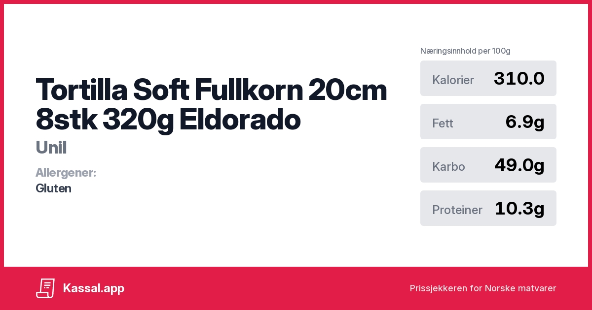 Tortilla Soft Fullkorn 20cm 8stk 320g Eldorado - Kassalapp®