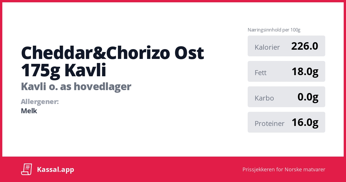 Cheddar&Chorizo Ost 175g Tube Kavli - Kassalapp®