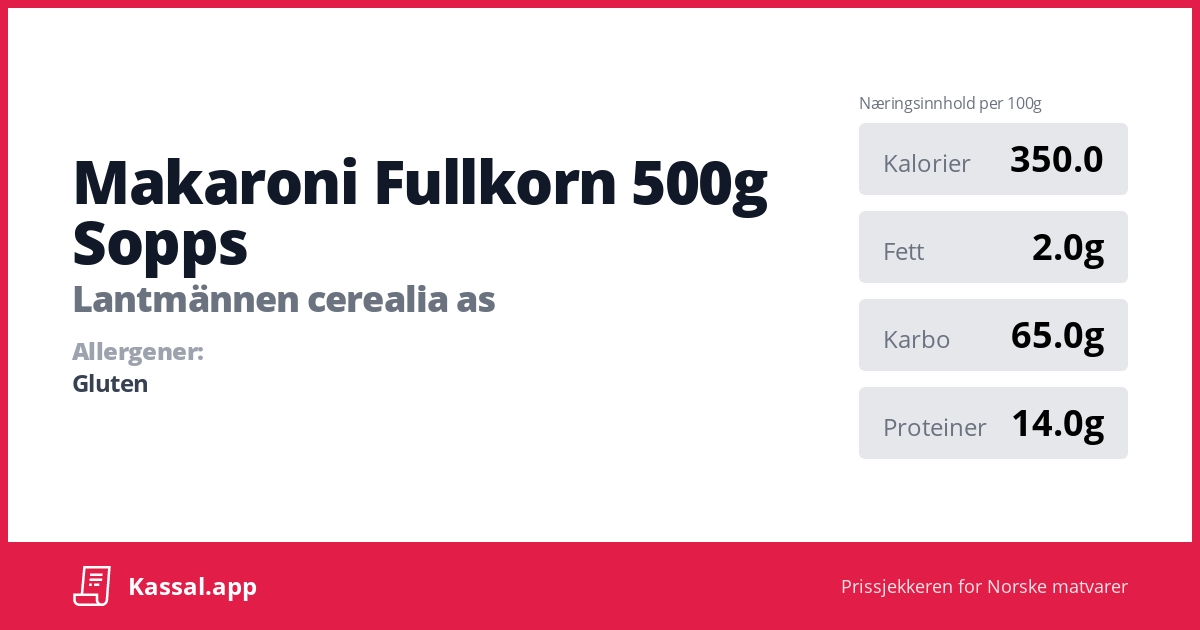 Makaroni Fullkorn 500g Sopps - Kassalapp®