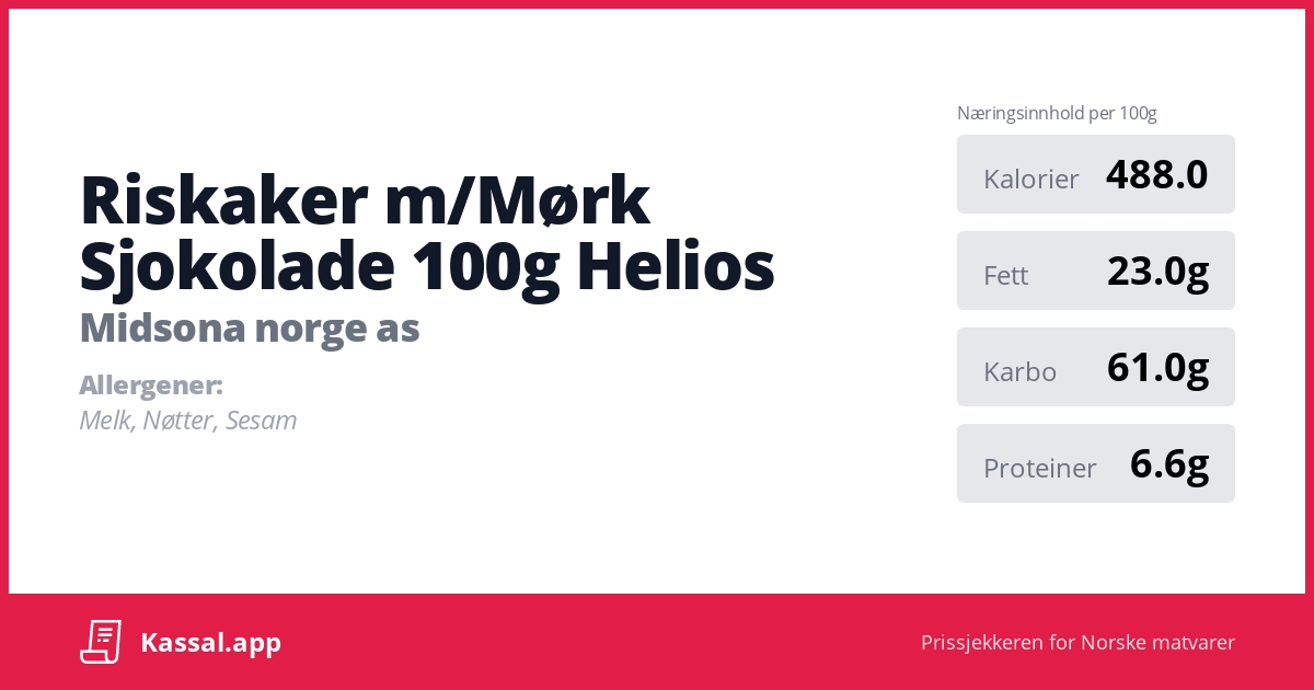 Riskaker m/Mørk Sjokolade 100g Helios - Kassalapp®