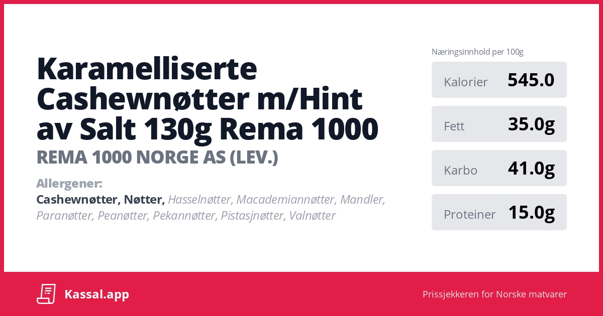 Karamelliserte Cashewnøtter m/Hint av Salt 130g Rema 1000 - Kassalapp®
