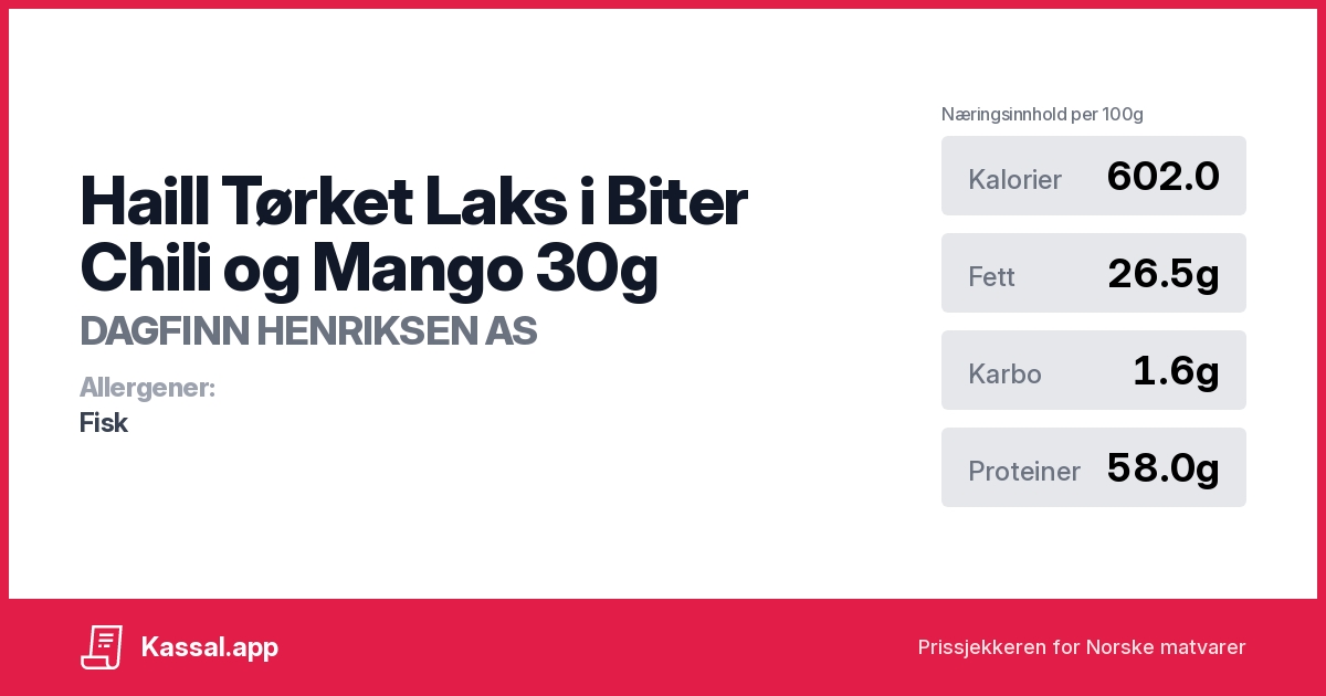 Haill Tørket Laks i Biter Chili og Mango 30g - Kassalapp®
