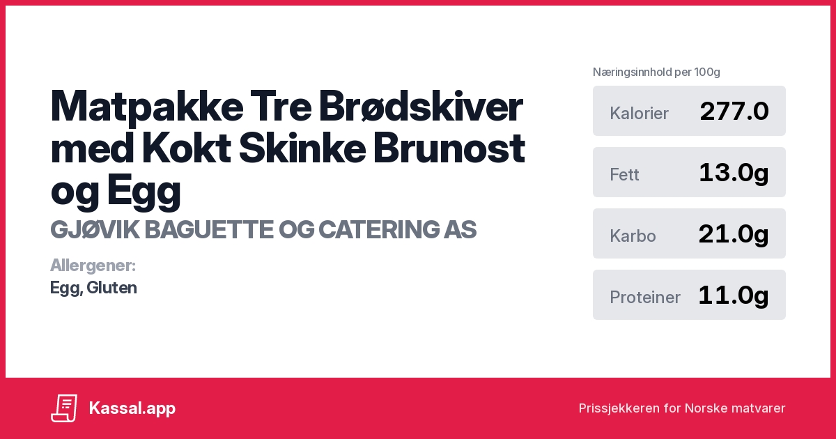 Matpakke Tre Brødskiver med Kokt Skinke Brunost og Egg - Kassalapp®