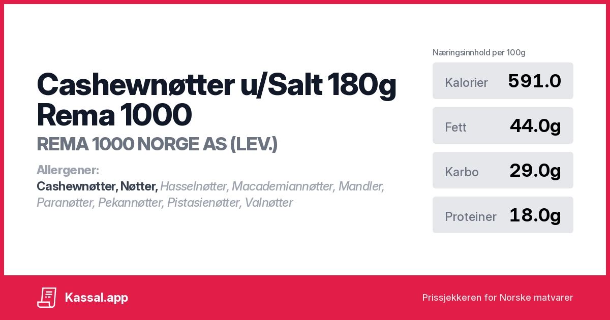 Cashewnøtter u/Salt 180g Rema 1000 - Kassalapp®