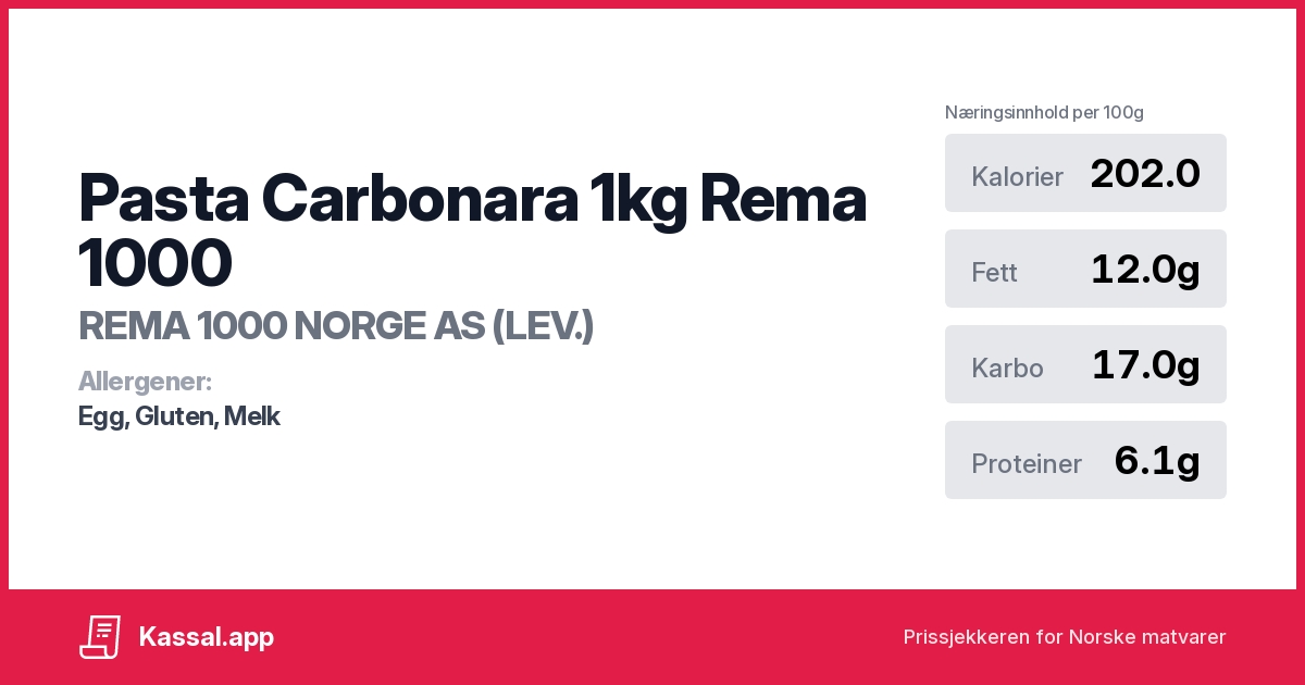 Pasta Carbonara 1kg Rema 1000 - Kassalapp®